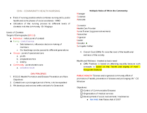 CHN211 Prelim Notes - ^^^^ - “Community health nursing is the synthesis ...