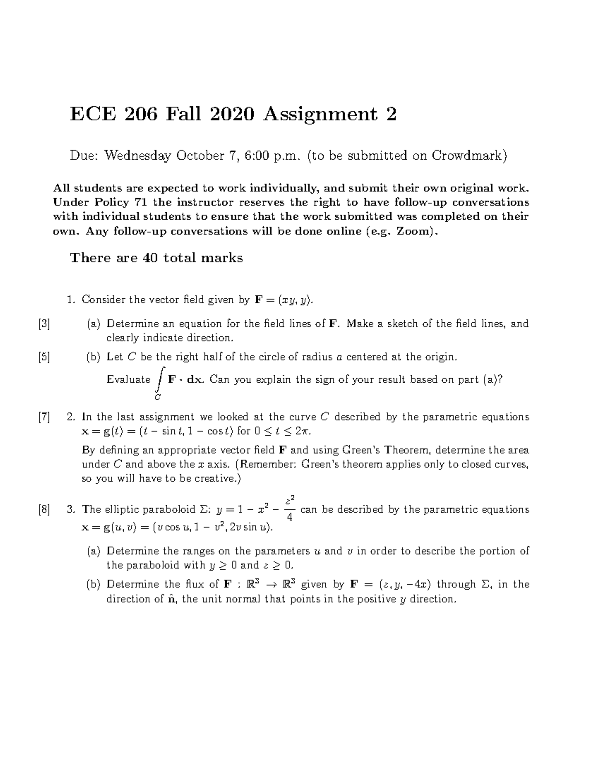 ECE 206 F20 Assignment 2 - ECE 206 Fall 2020 Assignment 2 Due: Wednesday October 7, 6:00 p. (to ...