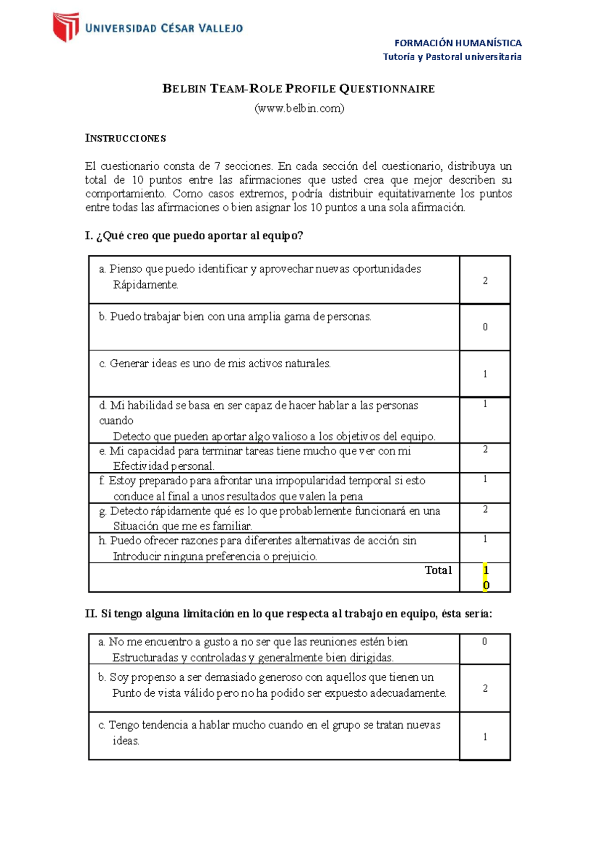 5° Producto 02 test de Belbin - Tutoría y Pastoral universitaria BELBIN ...