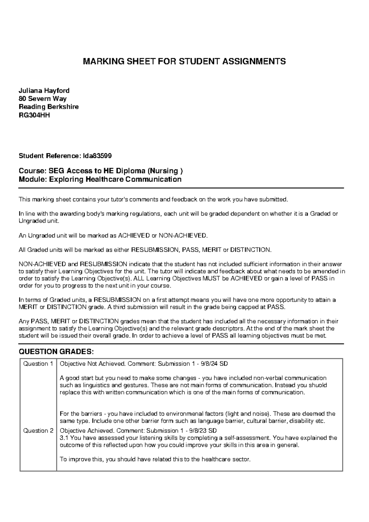 531929 1723199792 feedback - MARKING SHEET FOR STUDENT ASSIGNMENTS ...