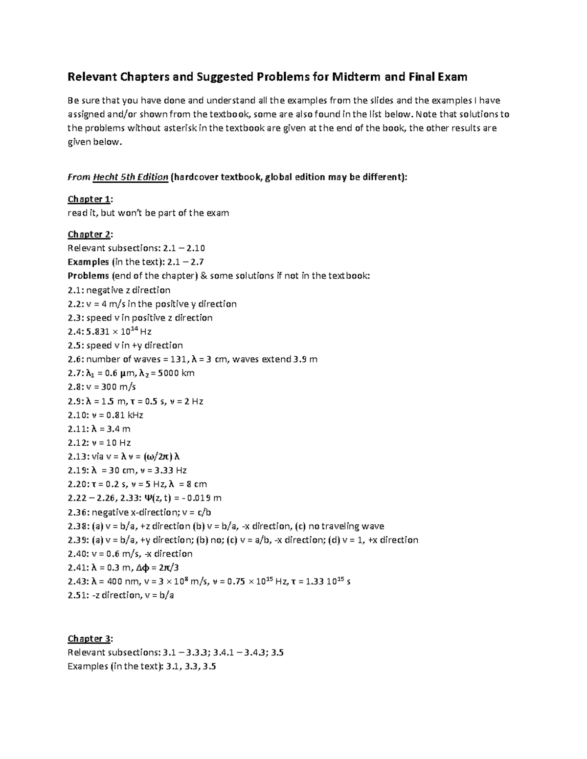 Phys 252 Suggested Problems + Relevant Sections - Relevant Chapters and Suggested Problems for ...