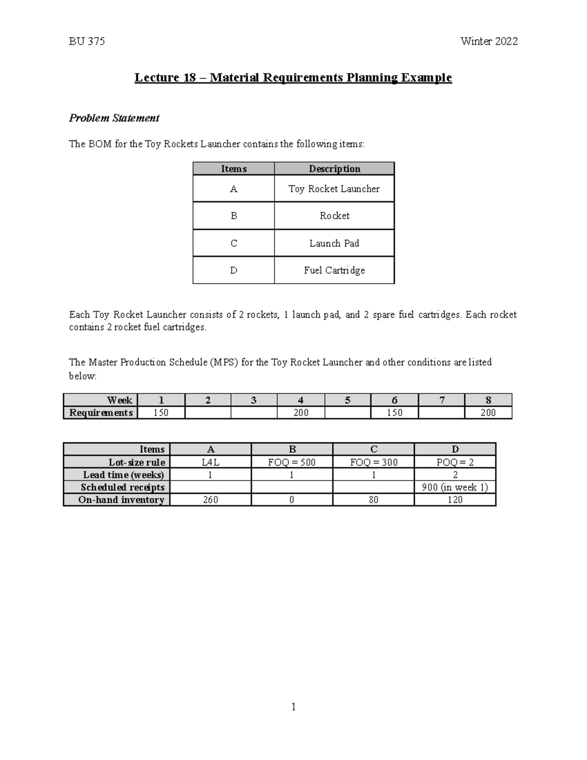BU375 W22 - Lecture 18 MRP example Solution - Lecture 18 – Material ...