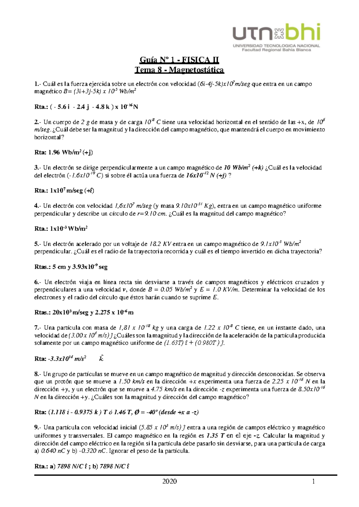 Guia - Magnetostática - guia de ejercicios de magnetismo para la materia fisica 2 de ingenieria ...