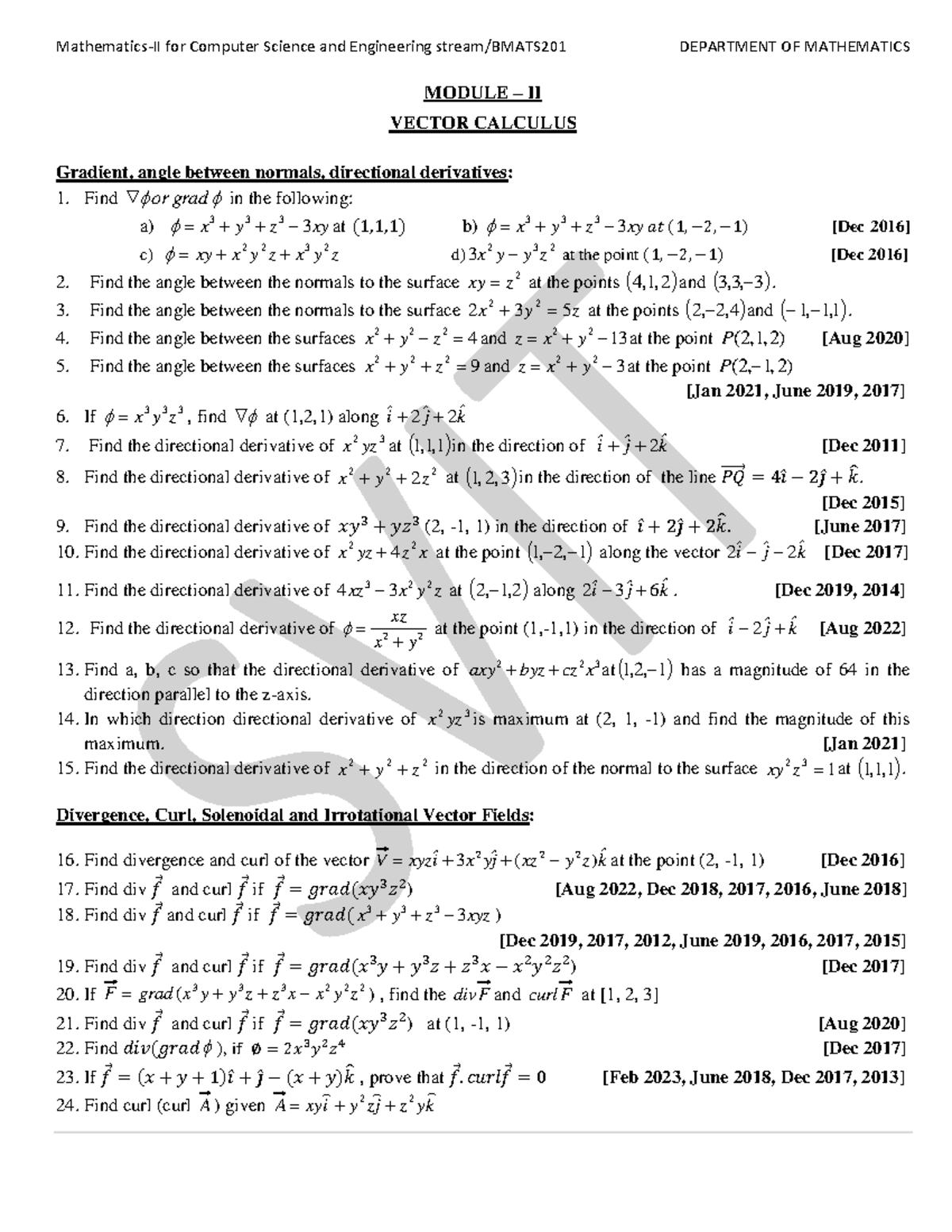 Module II - Vector Calculus QB - Mathematics-II for Computer Science and Engineering stream ...