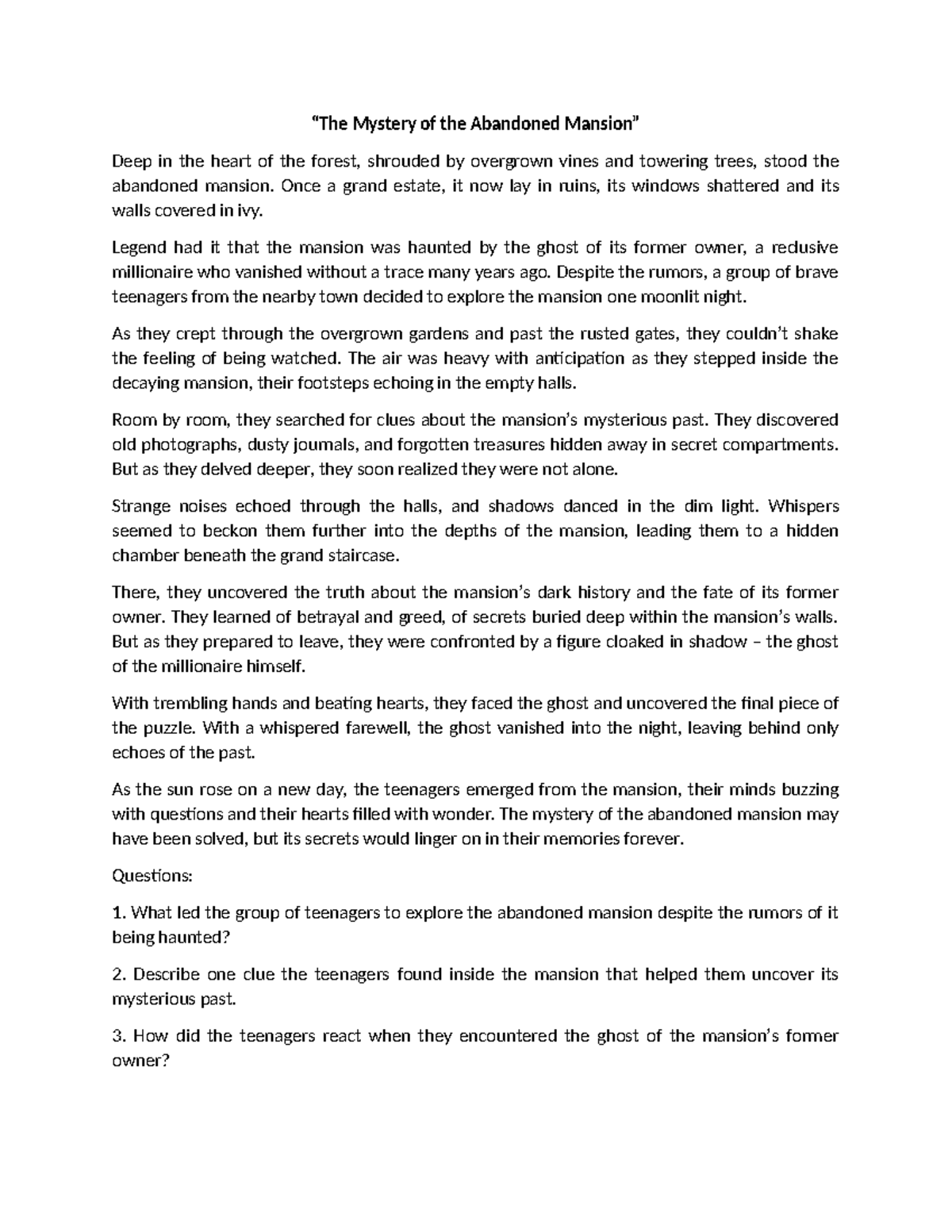 G9 reading material - “The Mystery of the Abandoned Mansion” Deep in ...