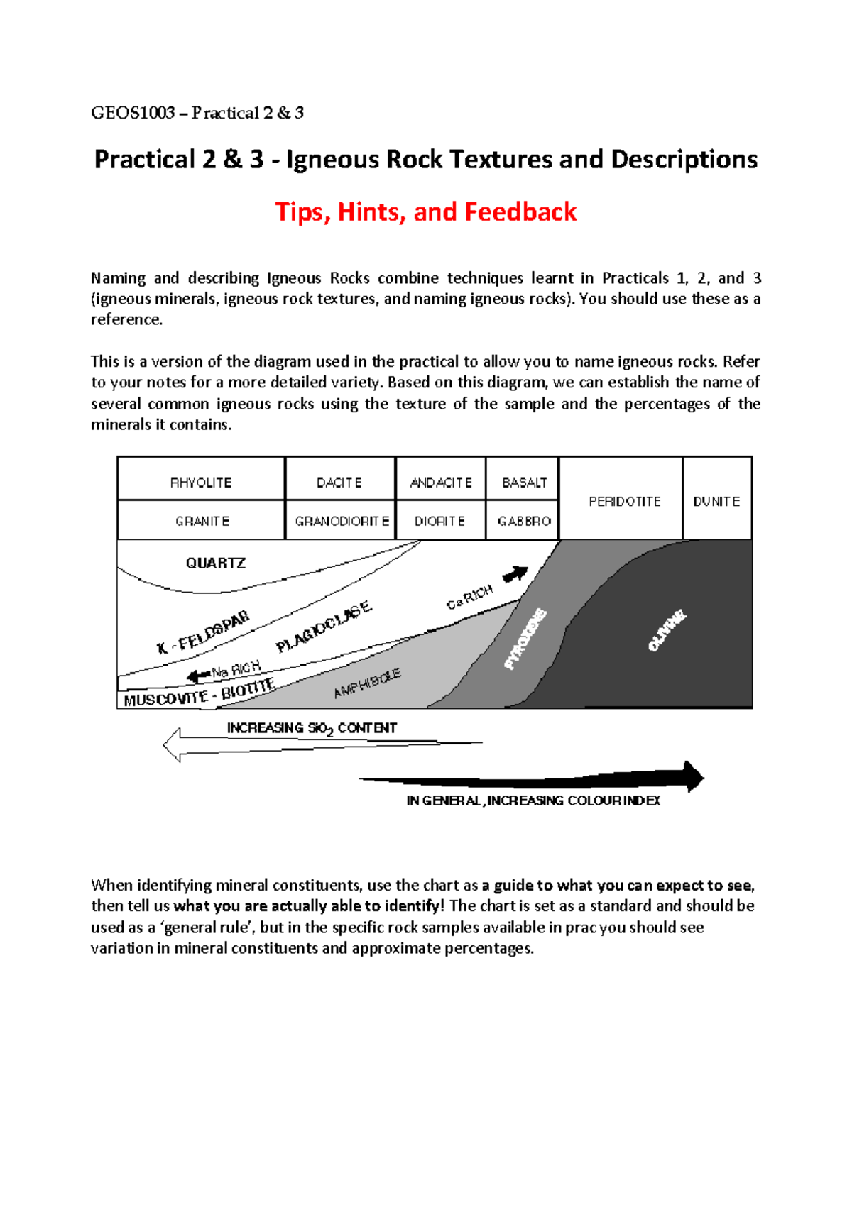 GEOS1003 - Practical Feedback - Igneous Rocks - Practical 2 & 3 ...