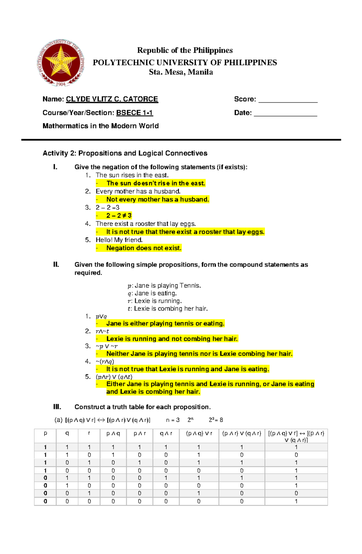 Activity 2 - Logic (Mathematics in the Modern World) - Republic of the ...