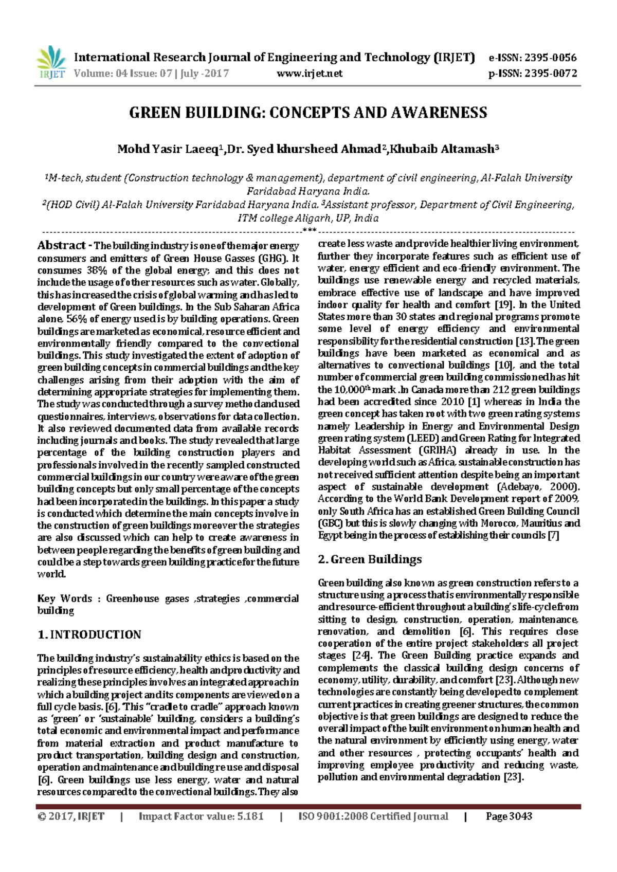 Green Building Concepts AND Awareness - Volume: 04 Issue: 07 | July -2017 irjet p-ISSN: 2395 ...