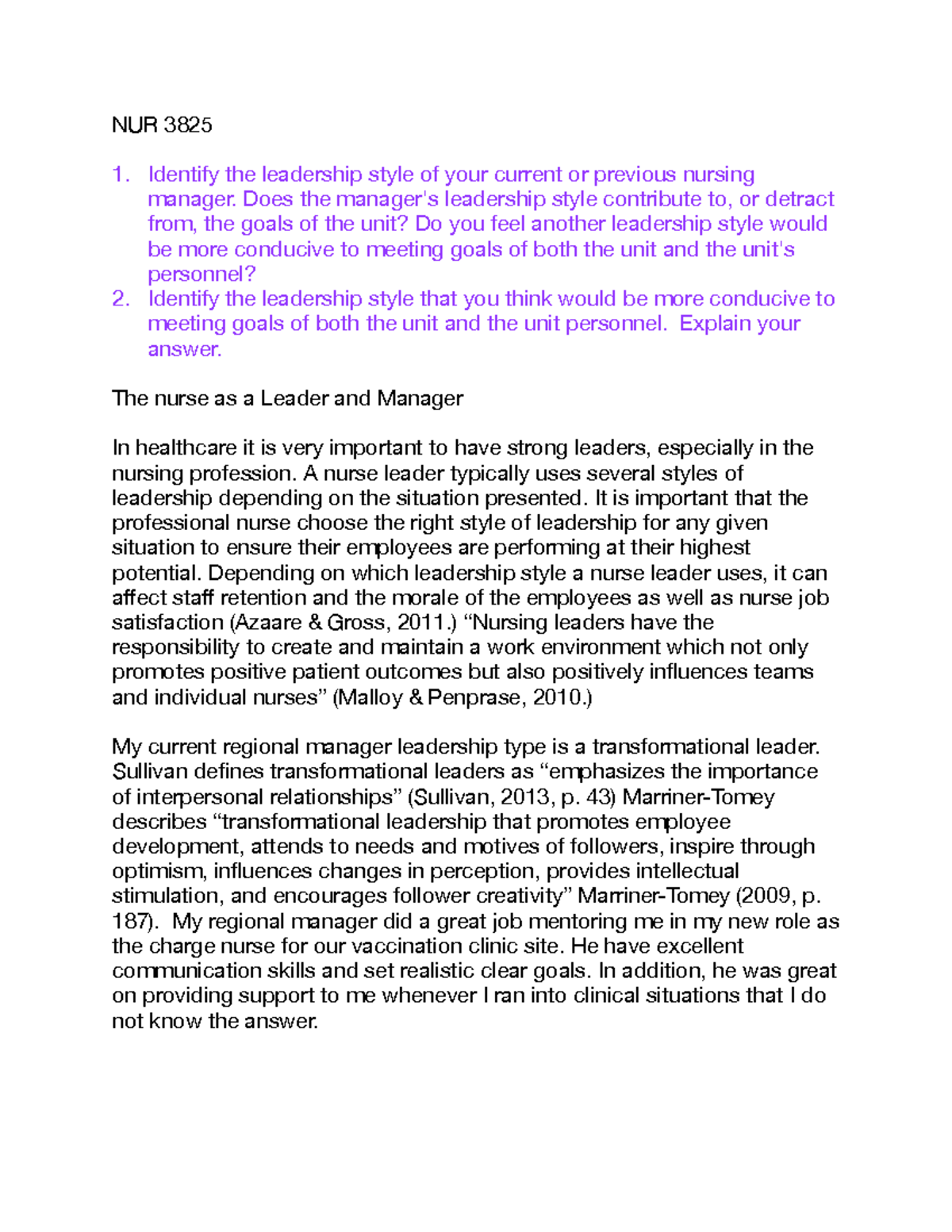 NUR3825 Leadership style and delivery method discussion draft - NUR ...