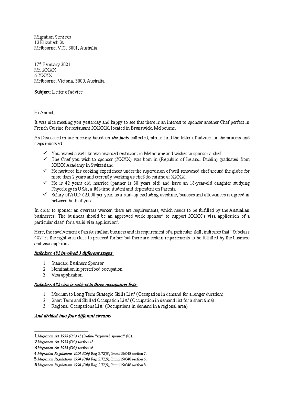 Letter of Advice ESV - Migration Services 12 Elizabeth St Melbourne ...