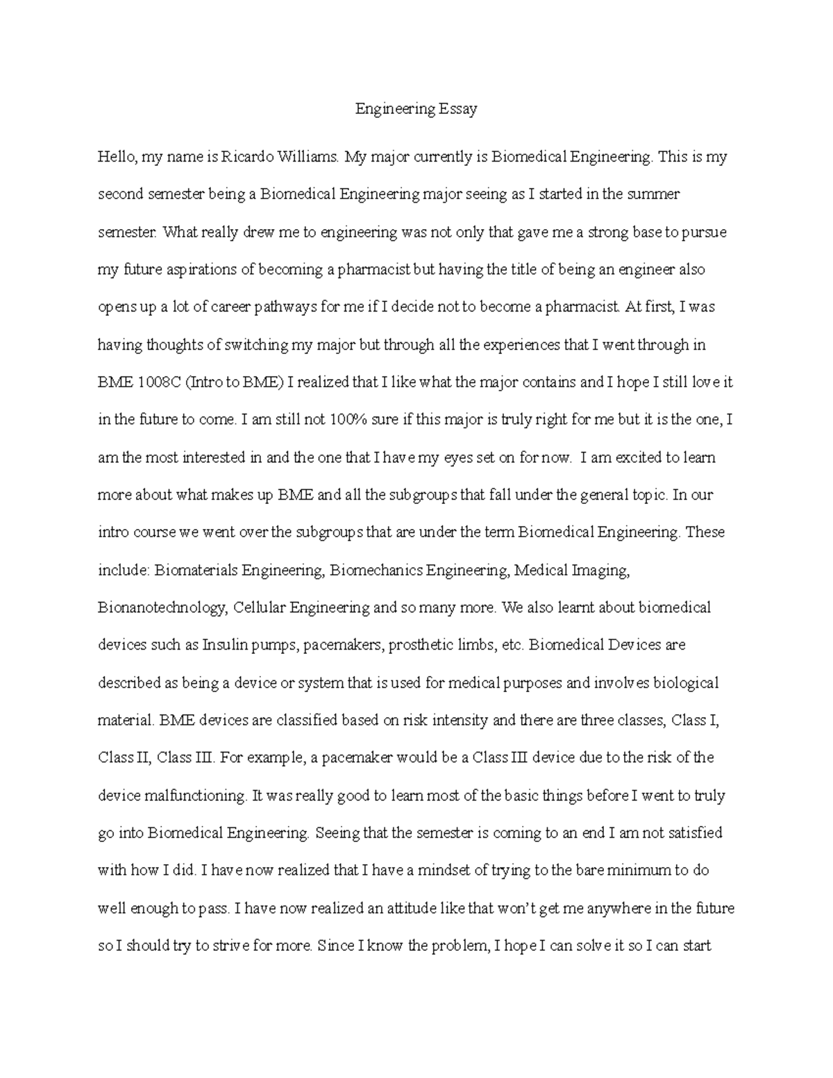 Engineering Essay - Engineering Essay Hello, my name is Ricardo ...