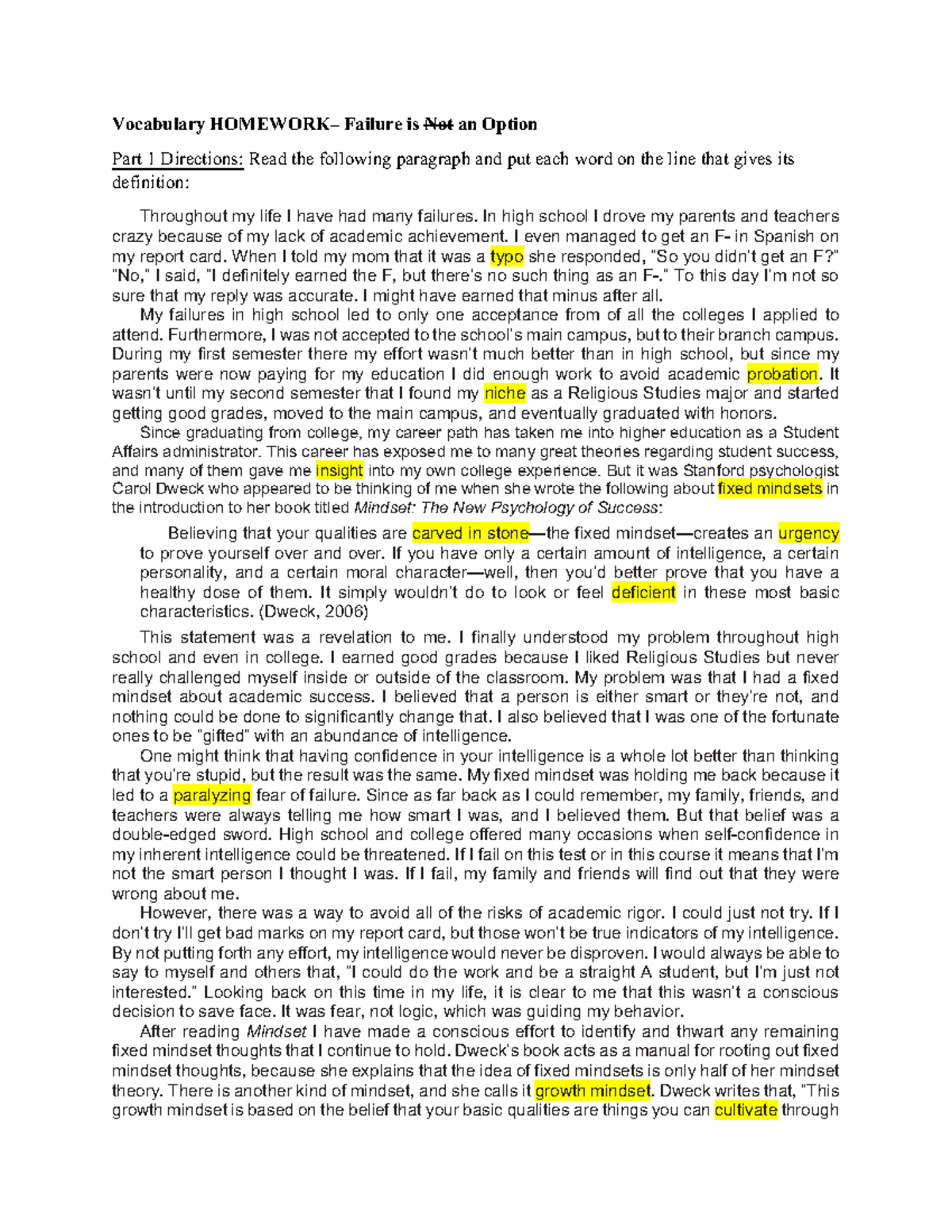 Esl101first - esl 101 - Vocabulary HOMEWORK– Failure is Not an Option ...