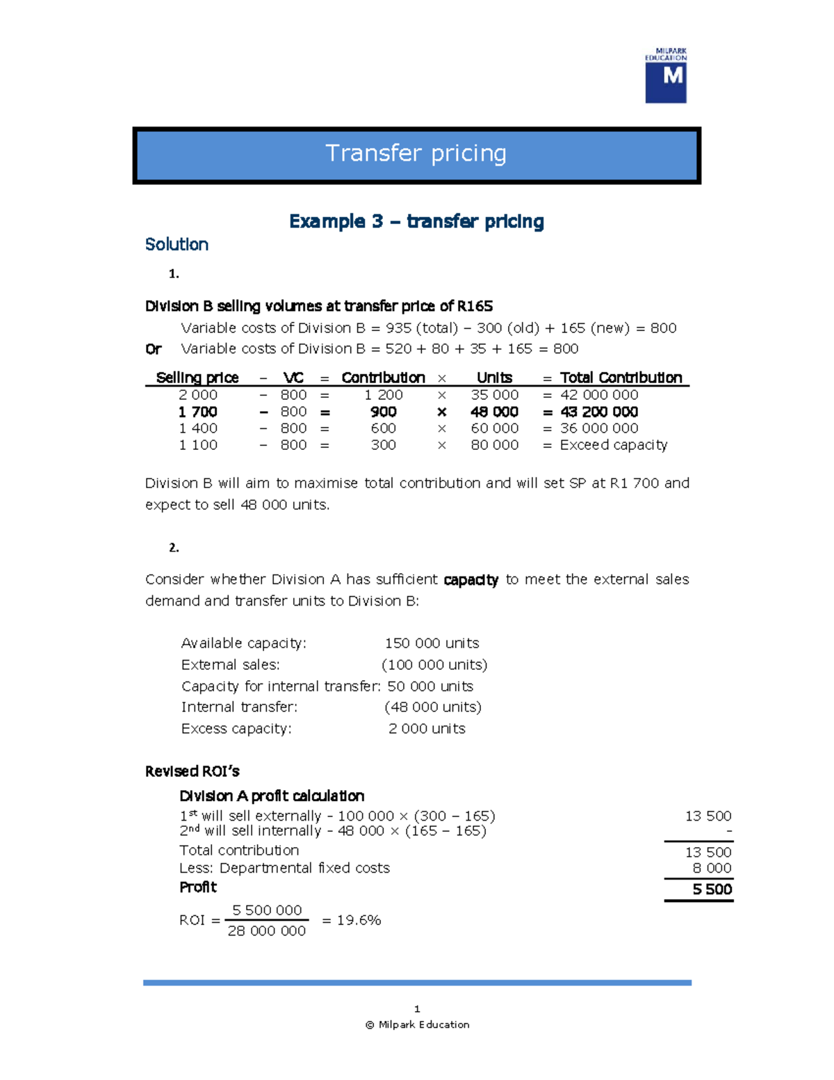 Example 3 - Transfer Pricing S - 1 Transfer pricing Example 3 ...