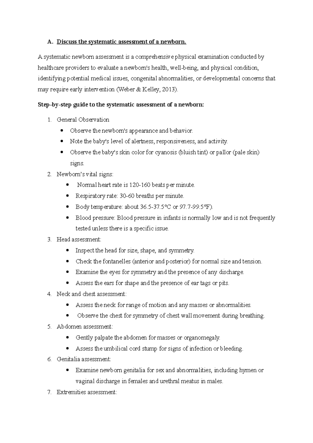 Care of new born assignment - A. Discuss the systematic assessment of a ...