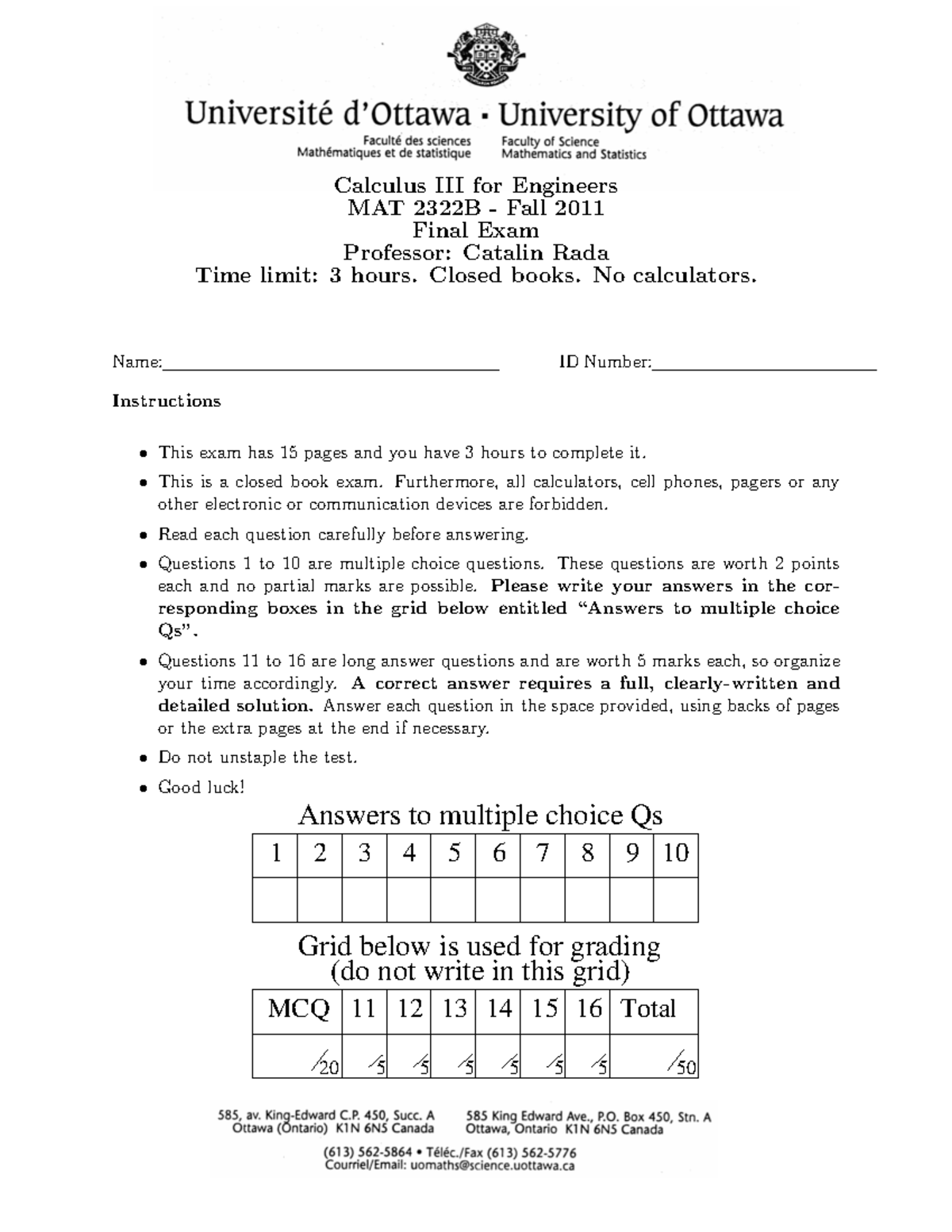 Calc 3 practice exam 2 - Calculus III for Engineers MAT 2322B - Fall ...