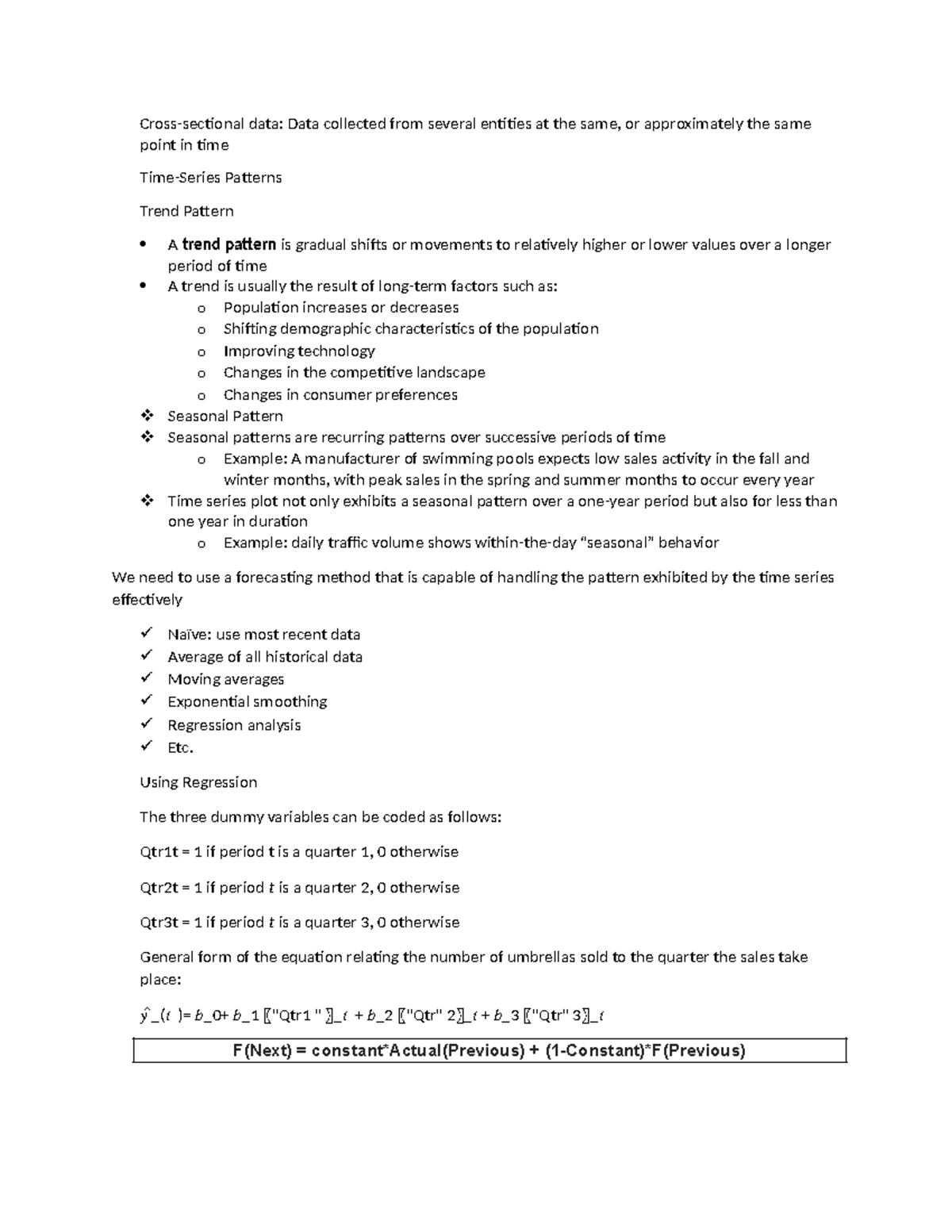 ISDS361 Cheat Sheet 1 - Cross-sectional data: Data collected from several entities at the same ...