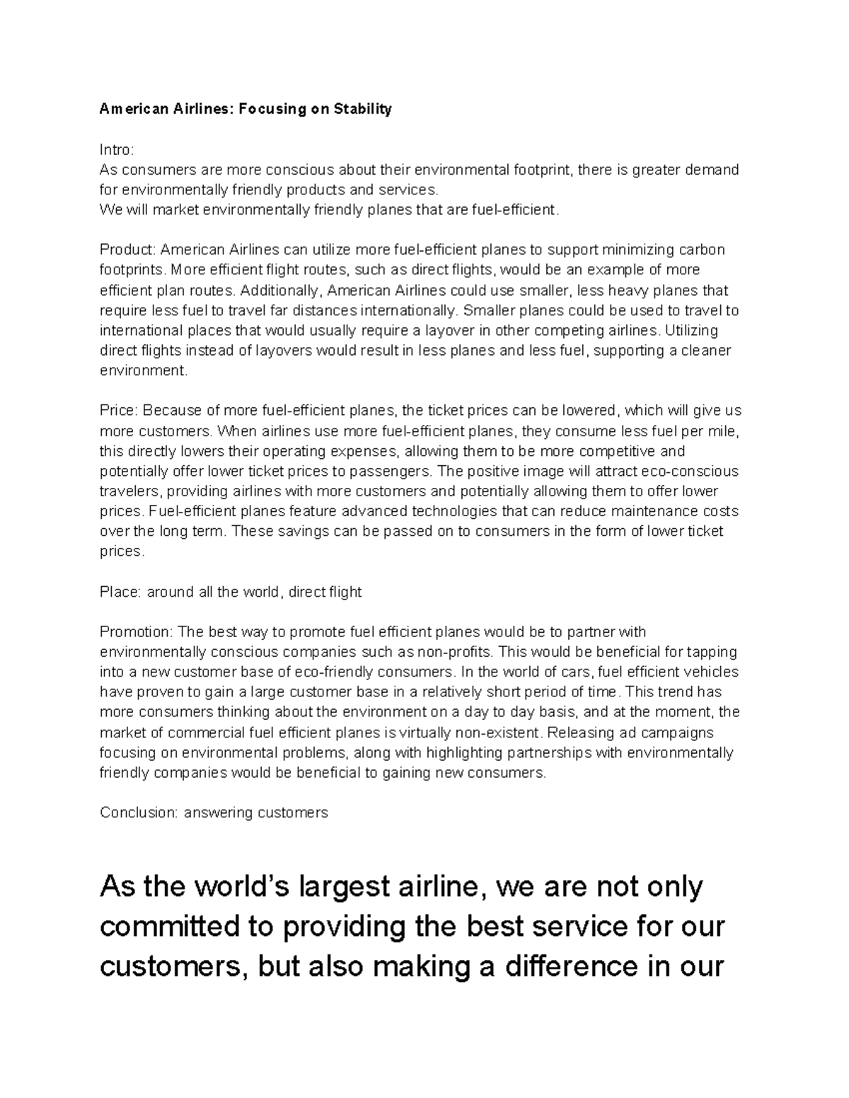 AA marketing plan - AA plan - American Airlines: Focusing on Stability ...