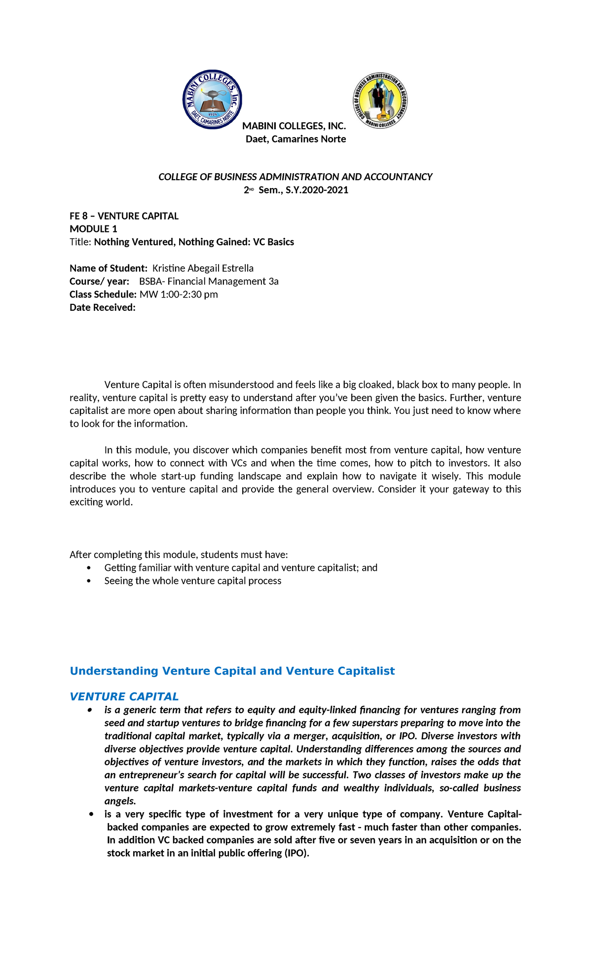 Maam isabelita modules - MABINI COLLEGES, INC. Daet, Camarines Norte ...