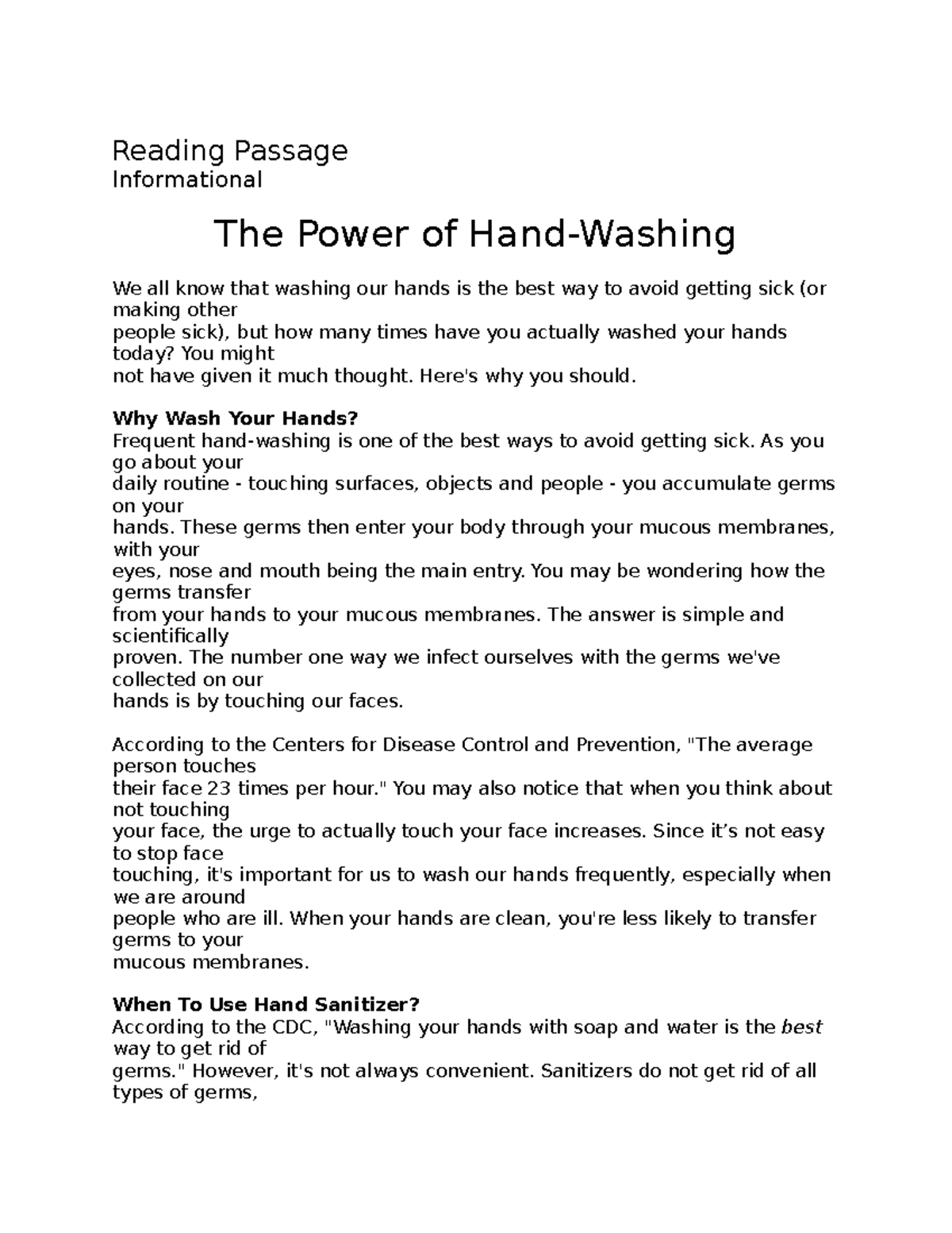 Hand%20Washing%20Reading%20Passage - Reading Passage Informational The ...