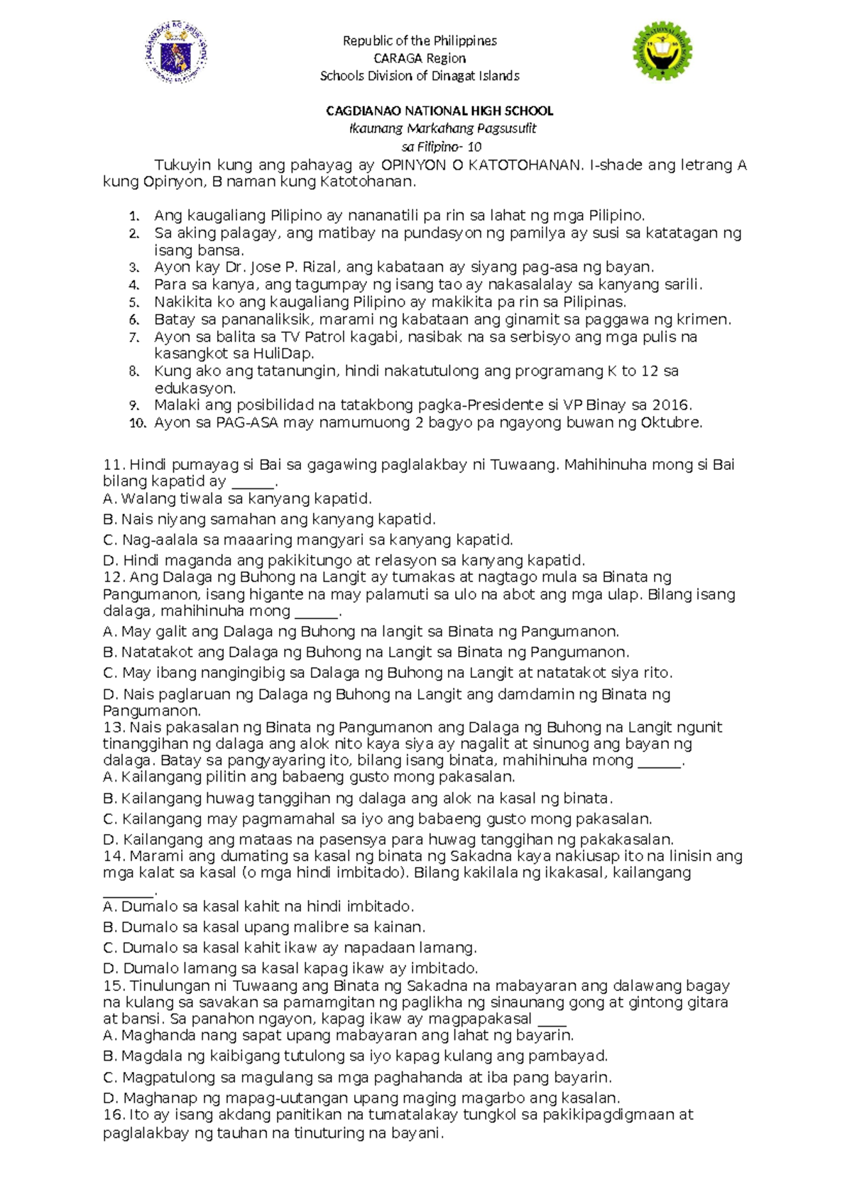 Filipino 8 1ST Period EXAM - Republic of the Philippines CARAGA Region ...