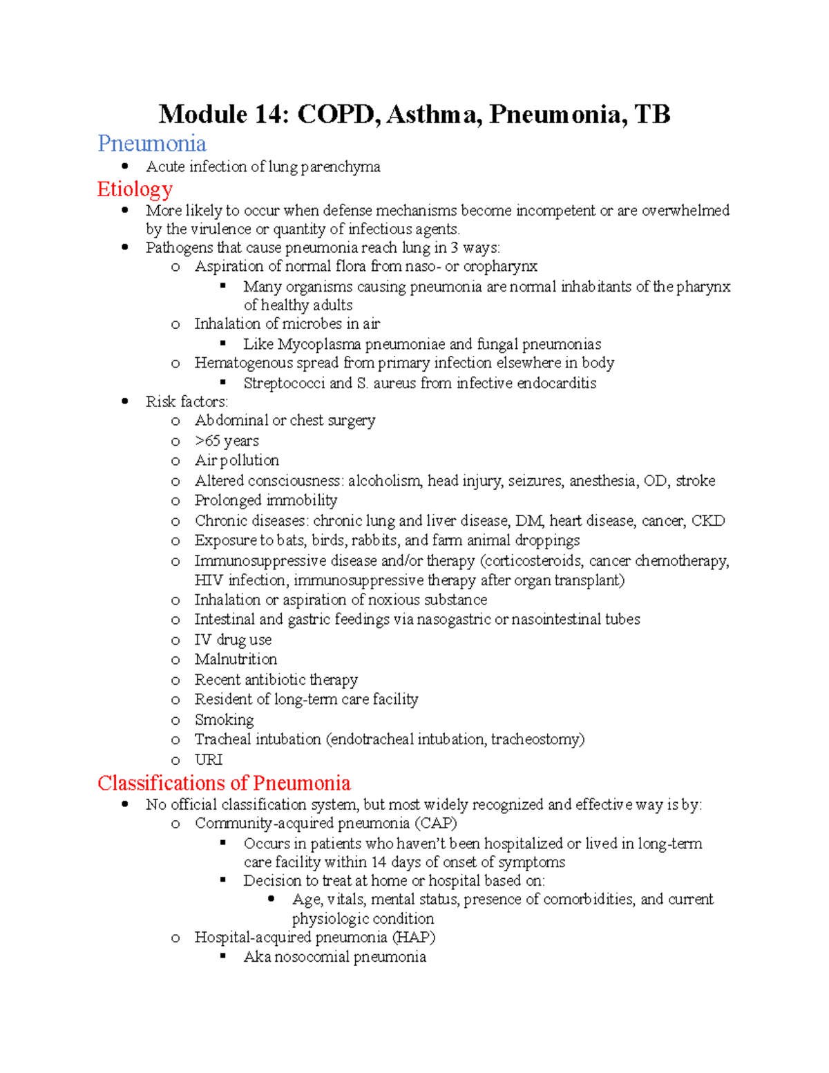 Module 14 - Notes - Module 14: COPD, Asthma, Pneumonia, TB Pneumonia ...