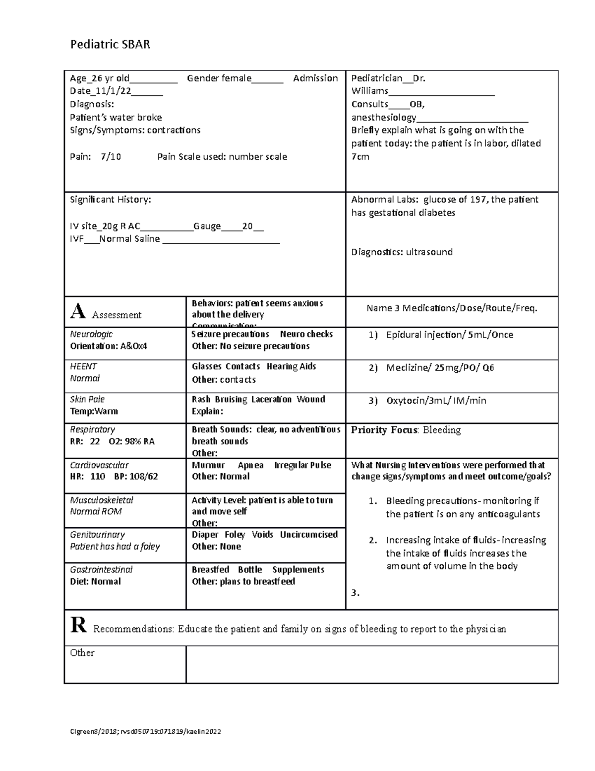 OB SBAR patient - Pediatric SBAR Age_26 yr old_________ Gender female ...