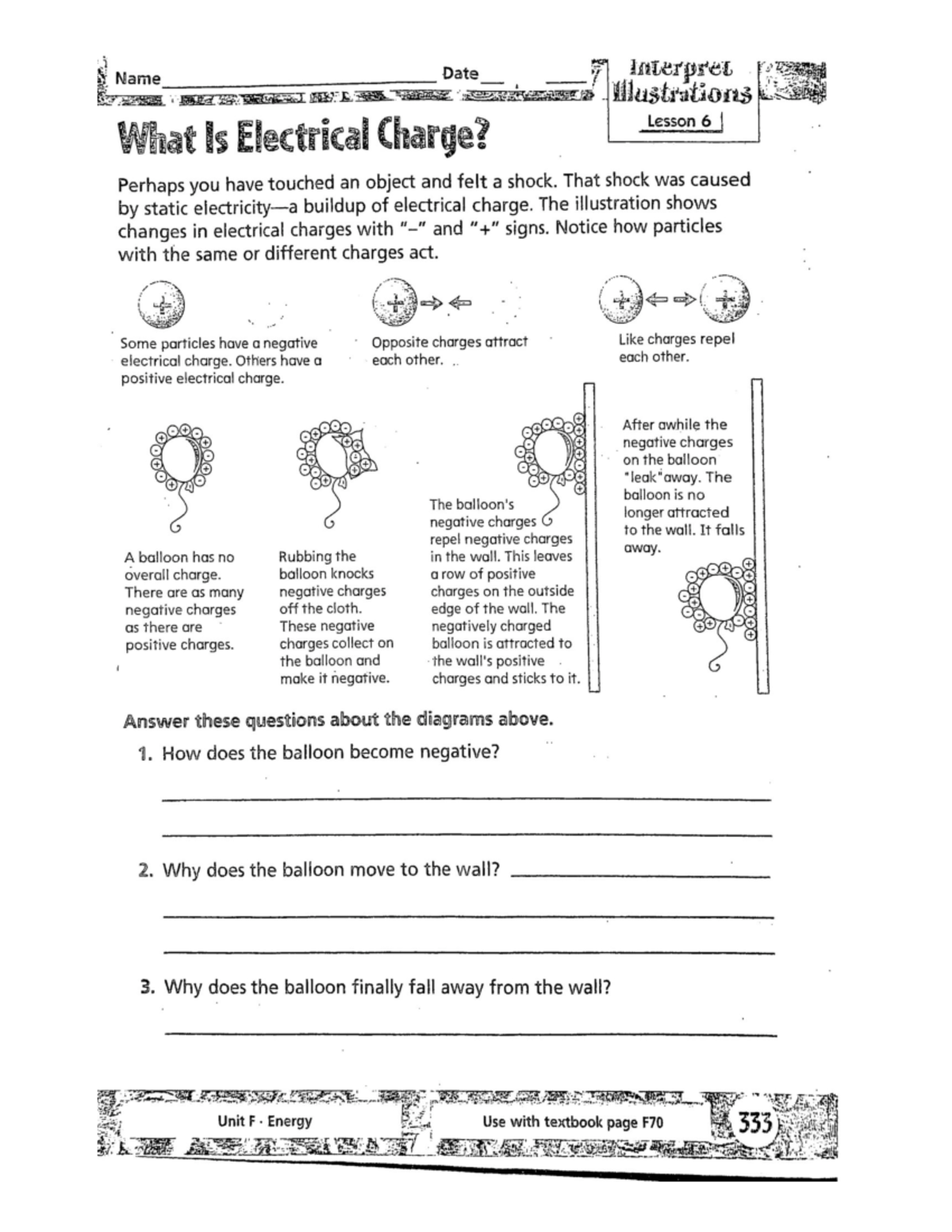 What is Electrical Charge pg. 333-1 - Name Date Interpret Illustrations ...