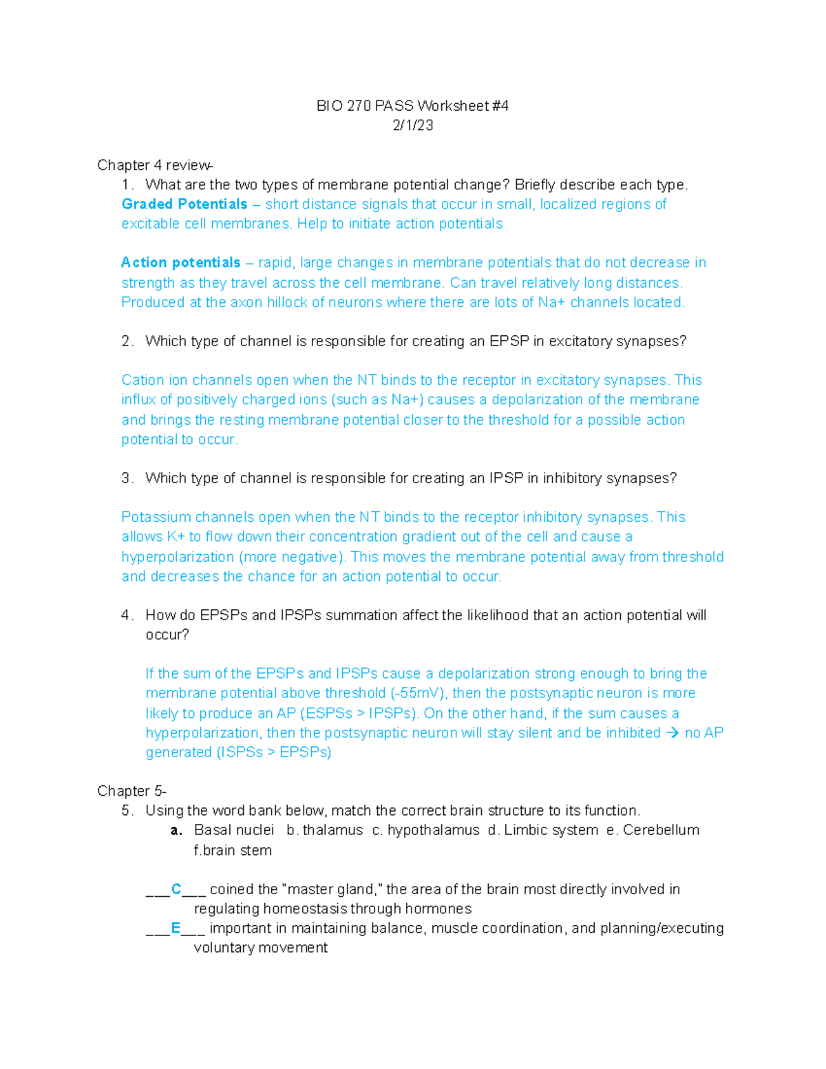 Worksheet 4 (2 1) - Dr. Brown - BIO 270 PASS Worksheet # 2/1/ Chapter 4 ...