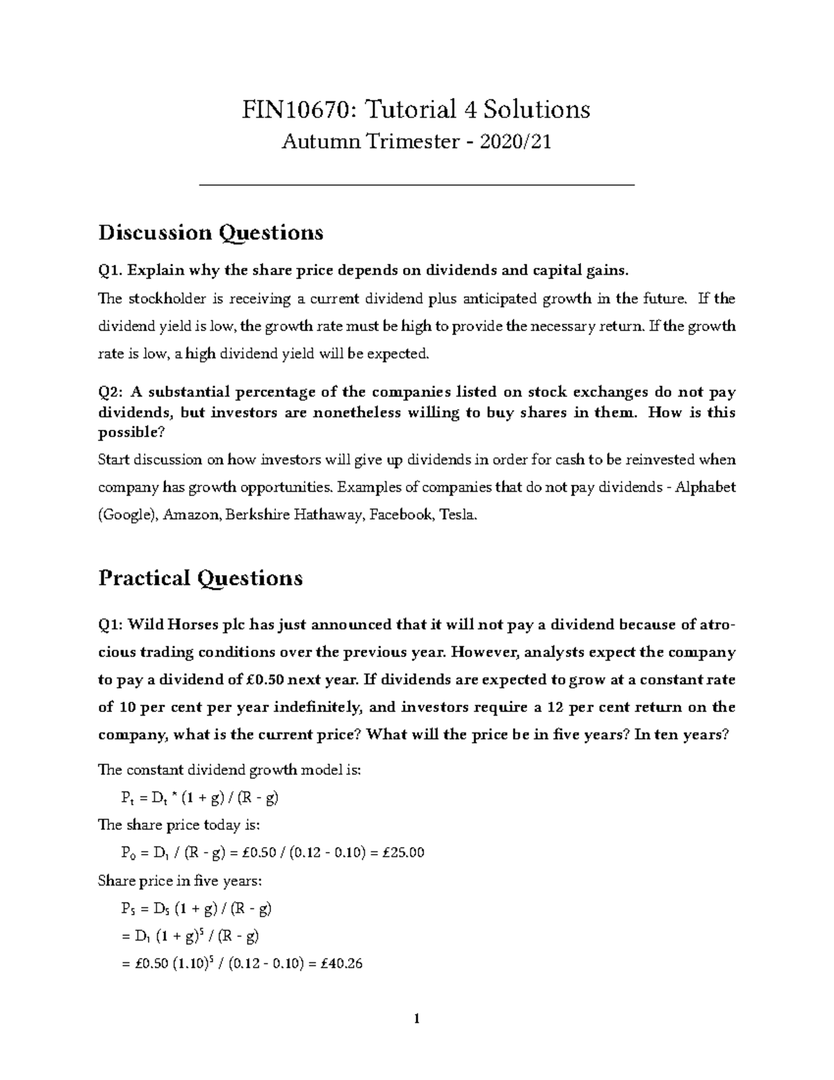 FIN10670 Tutorial 4 Solutions - FIN10670: Tutorial 4 Solutions Autumn Trimester - 2020 ...