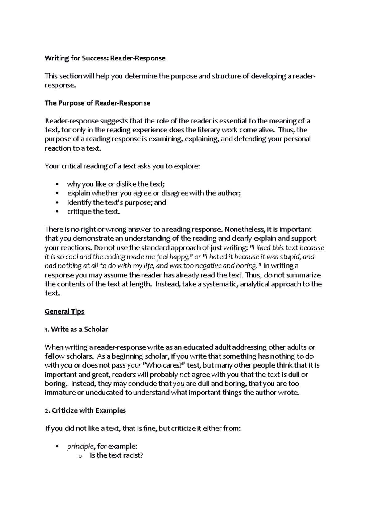 Writing a Reading Response Writing for Success: Reader-Response ...