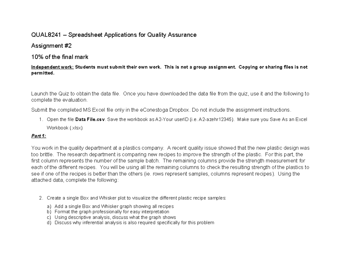 Assignment 2 Instructions - QUAL8241 – Spreadsheet Applications for Quality Assurance Assignment ...