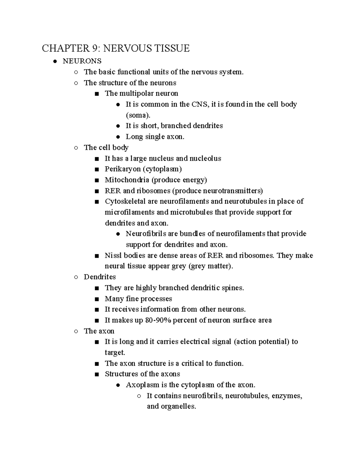 Chapter 9 Nervous Tissue - CHAPTER 9: NERVOUS TISSUE NEURONS The basic ...