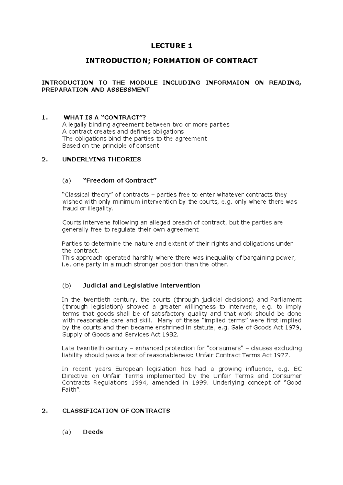 Lecture 1 - jeff - LECTURE 1 INTRODUCTION; FORMATION OF CONTRACT ...