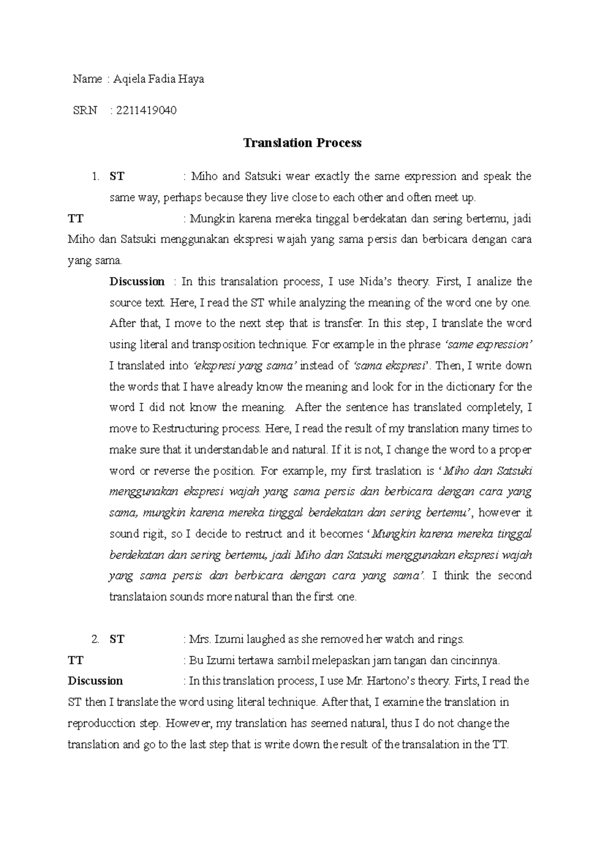 Translation Task 5 Translation Process - Name : Aqiela Fadia Haya SRN ...