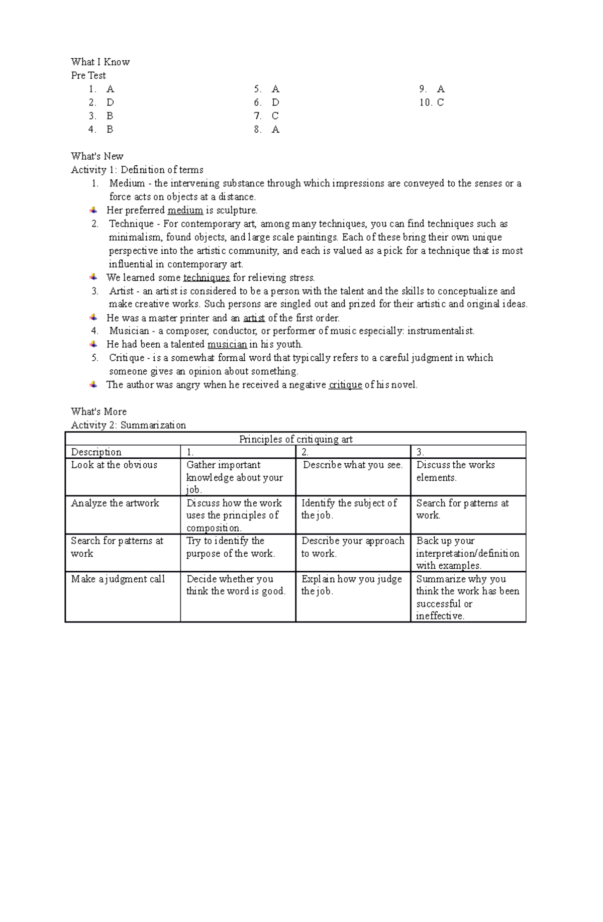 COntemporary Arts - contem arts - What I Know Pre Test 1. A 2. D 3. B 4 ...