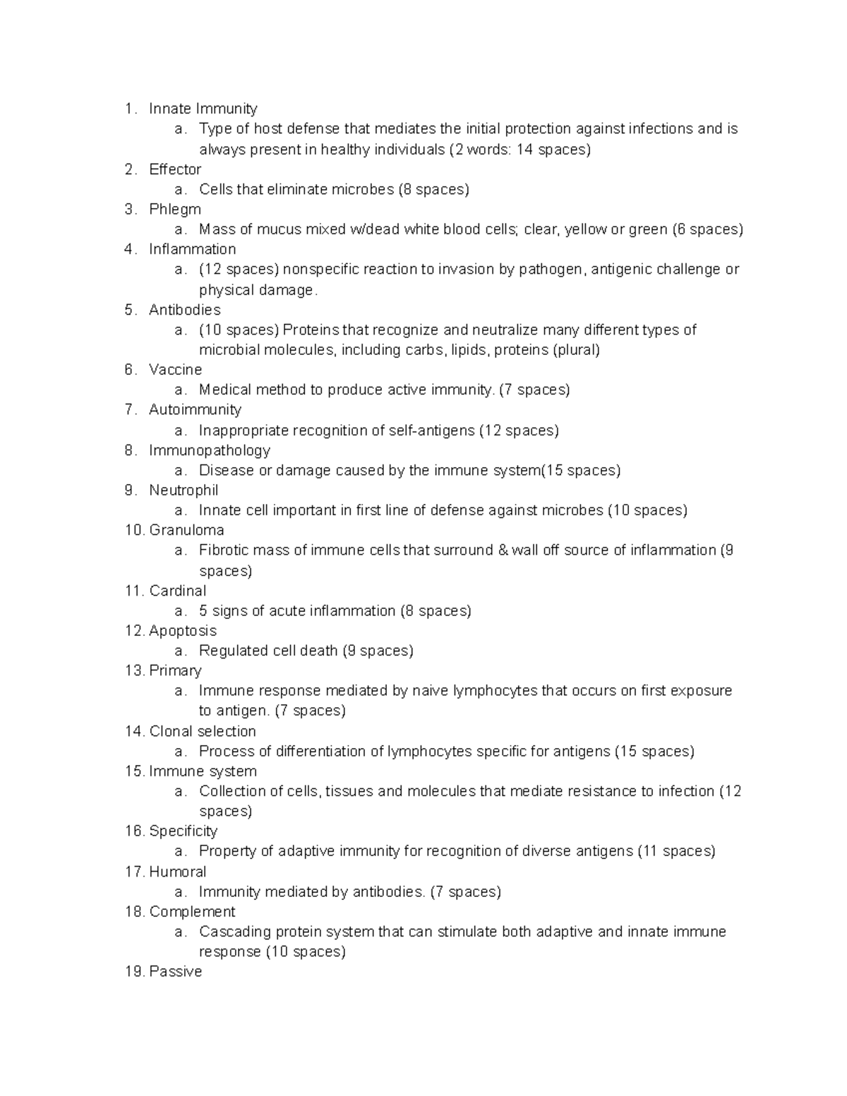 Crosswork Activity Week 1 - Innate Immunity a. Type of host defense ...