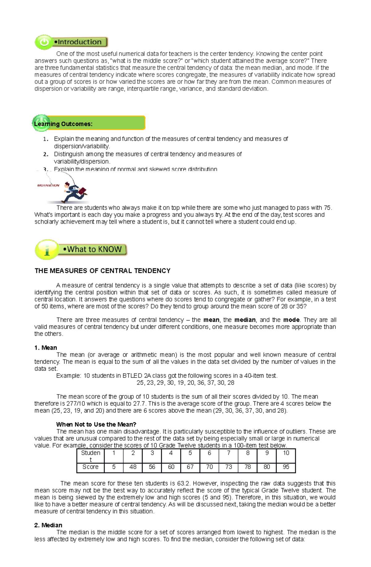 Assessment in Learning 1 - Measures of Central Tendency and Variation ...