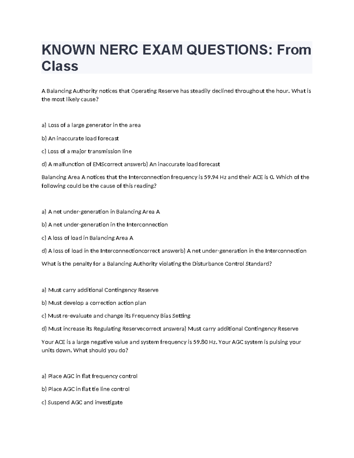 Known NERC EXAM Questions - KNOWN NERC EXAM QUESTIONS: From Class A ...