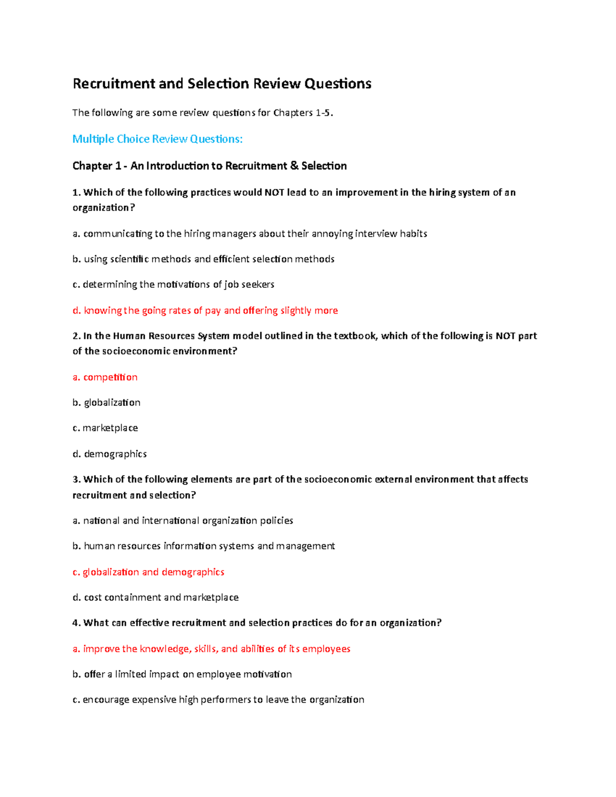 Recruitment and Selection Review Questions - Recruitment and Selection ...