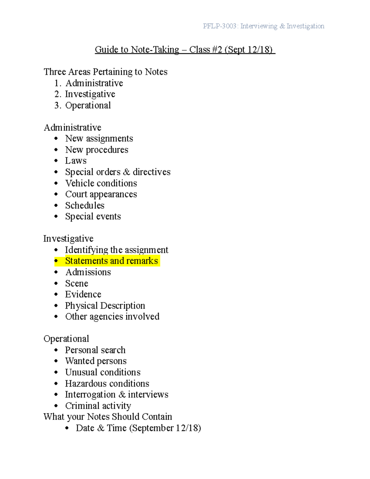 Guide to Note Taking - Interviewing Investigation Guide to Class (Sept ...