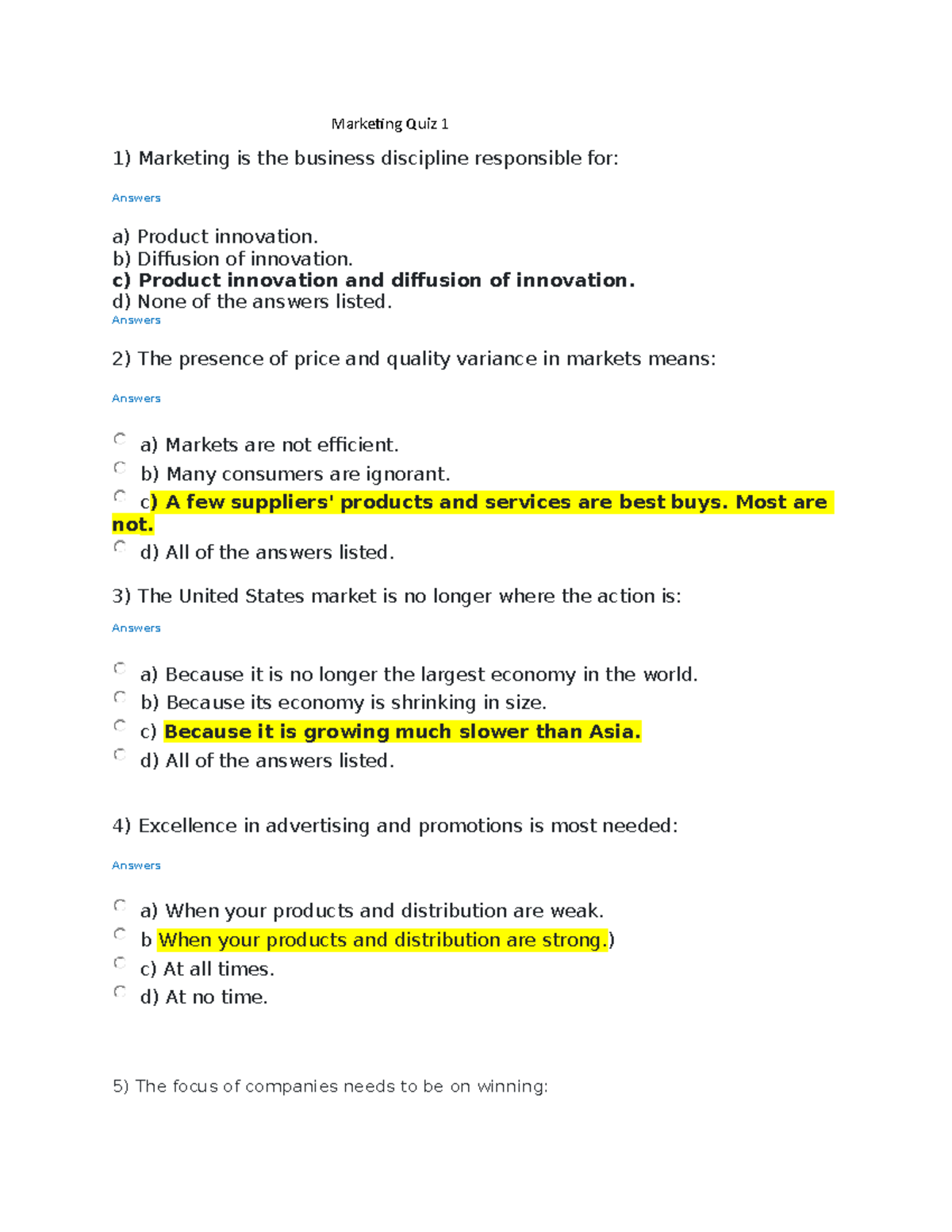 Marketing Quiz Module 1 section 1 - Marketing Quiz 1 Marketing is the business discipline - Studocu