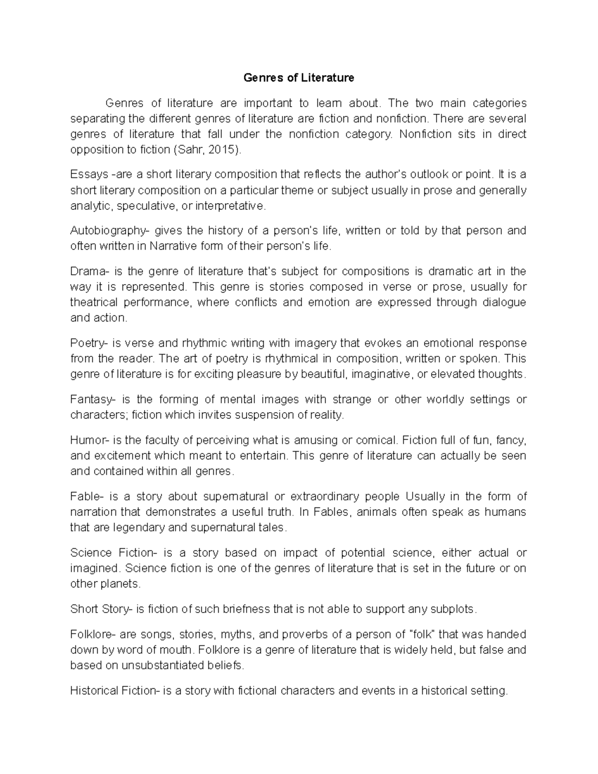 Genres OF Literature (notes) - Genres of Literature Genres of ...