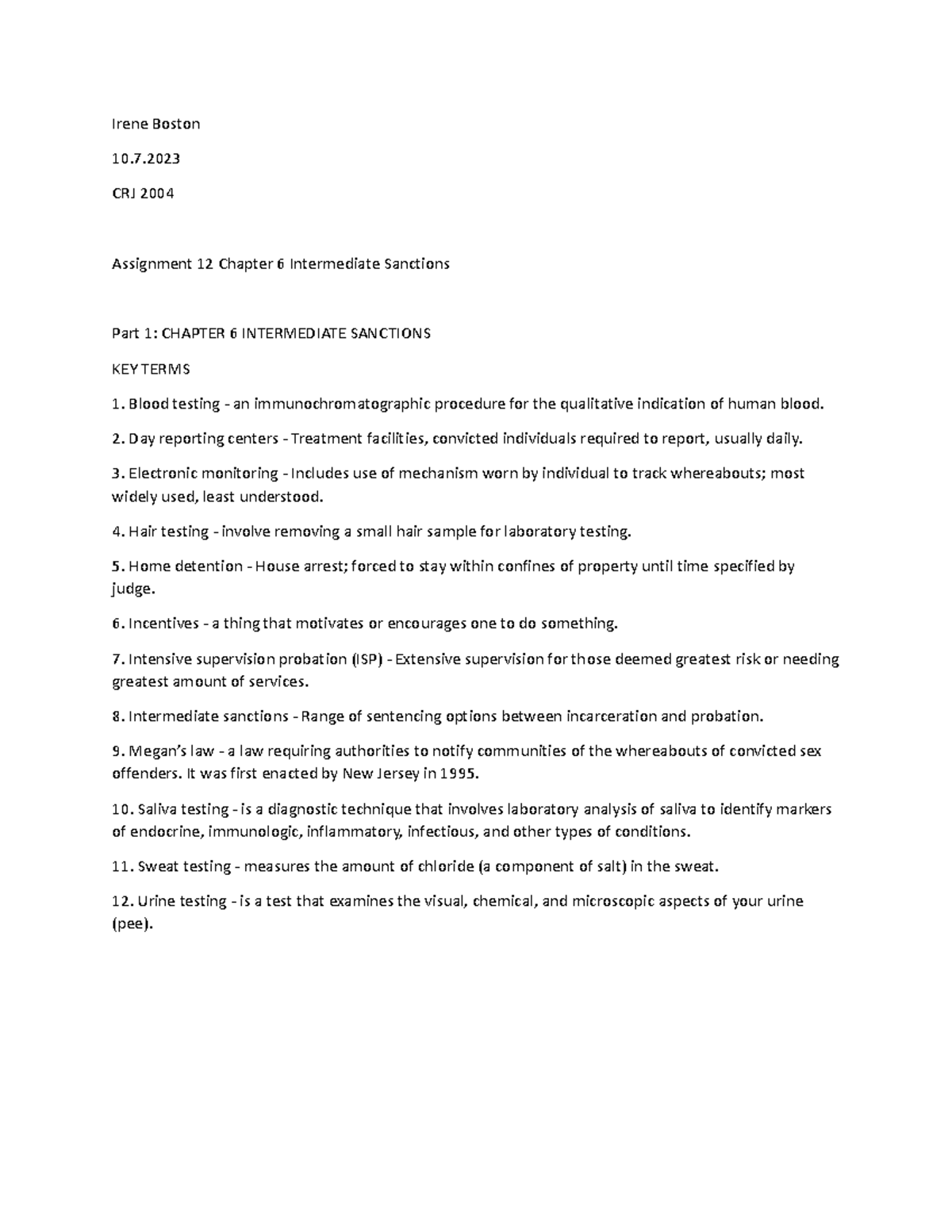 Assignment 12 Chapter 6 Intermediate Sanctions - Irene Boston 10. CRJ ...