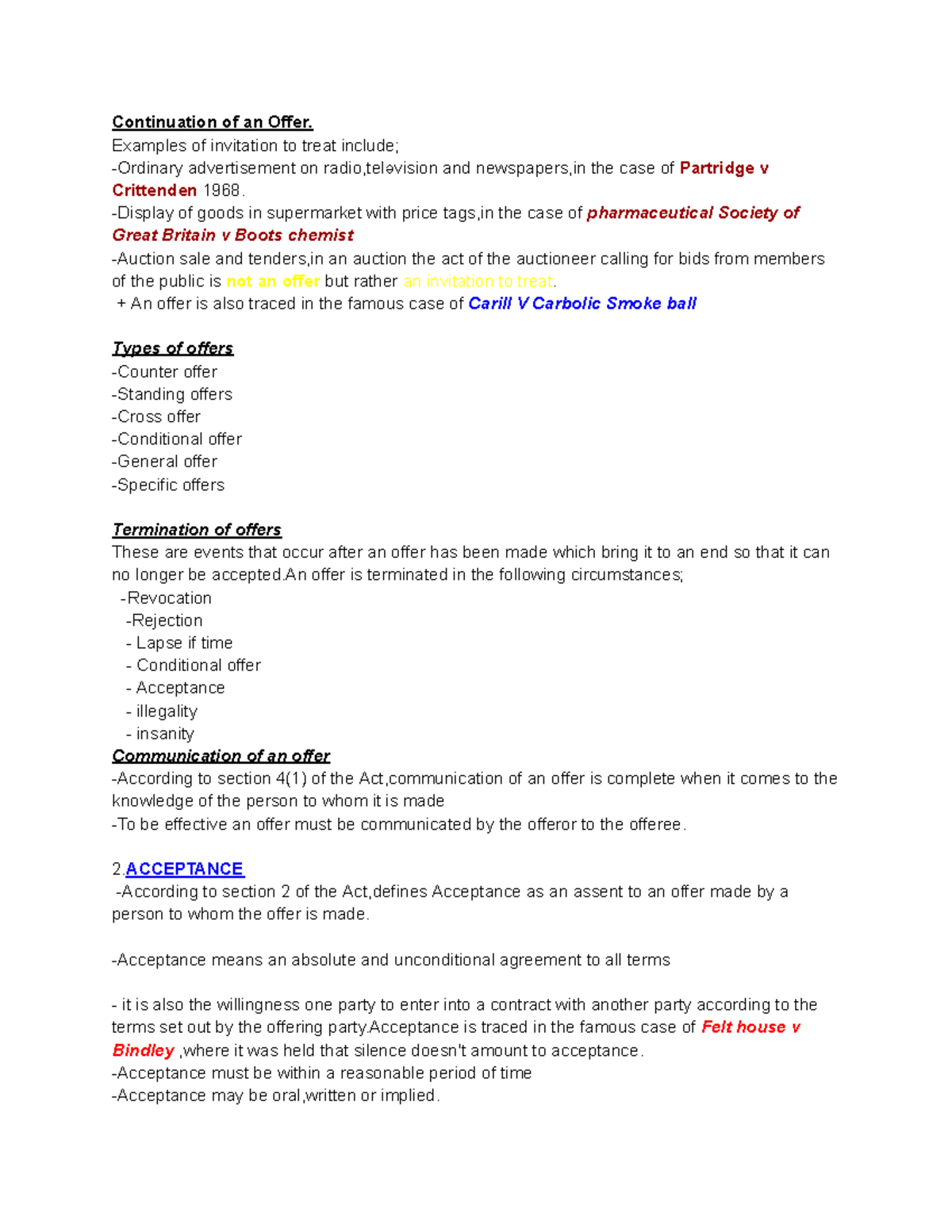 Contract LAW.DİL Summary-1 - Continuation of an Offer. Examples of invitation to treat include ...