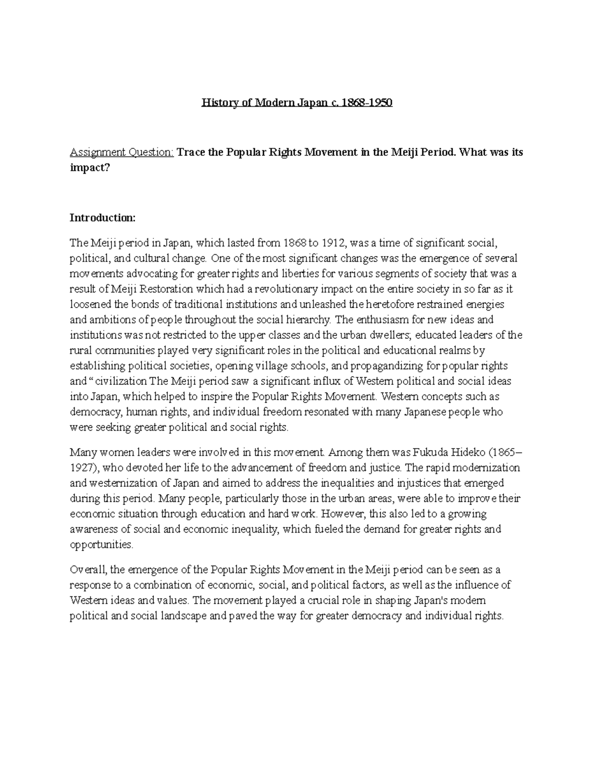 Modern Japan Assignment - History of Modern Japan c. 1868- Assignment ...