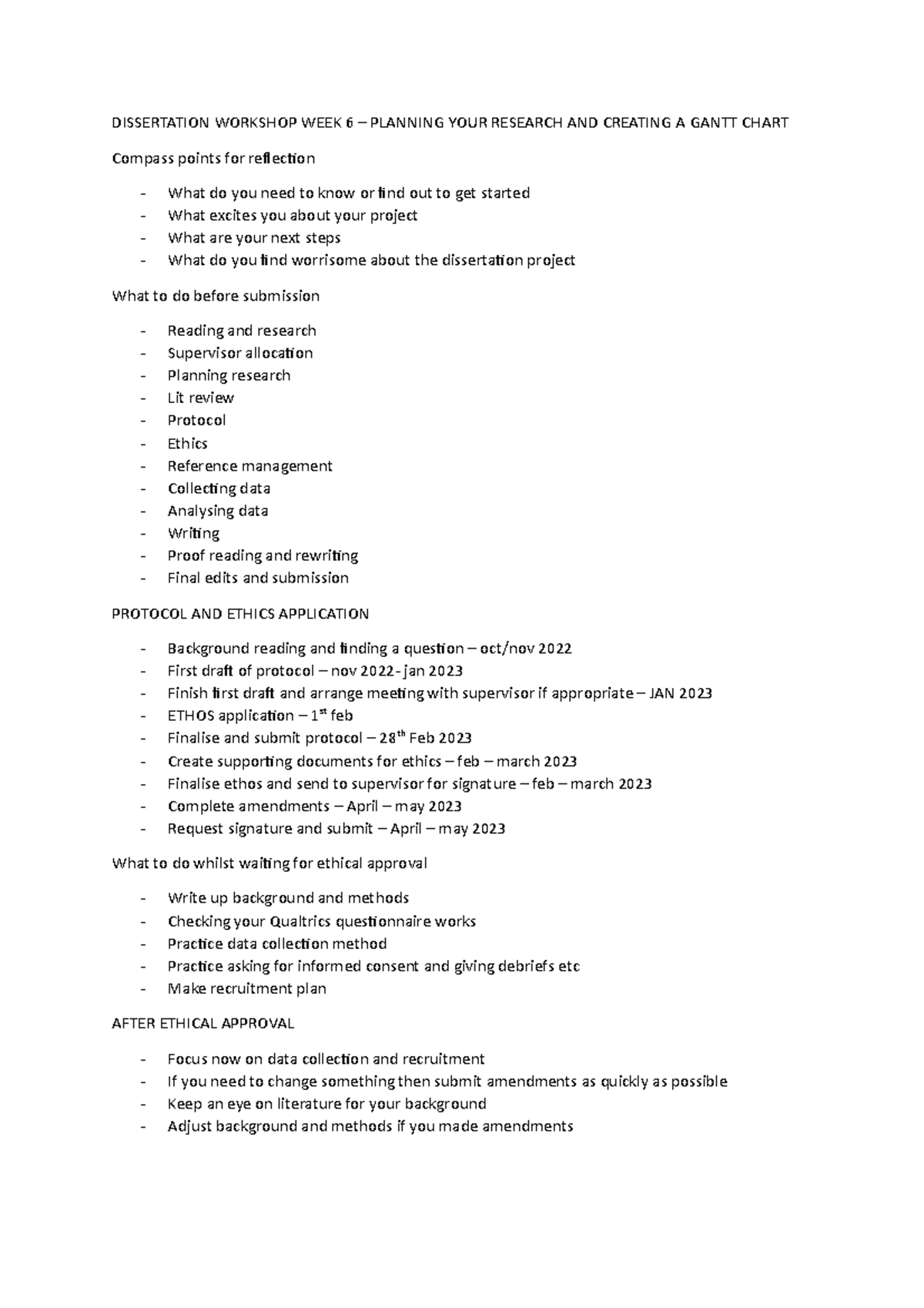 Dissertation Workshop WEEK 6 - DISSERTATION WORKSHOP WEEK 6 – PLANNING ...