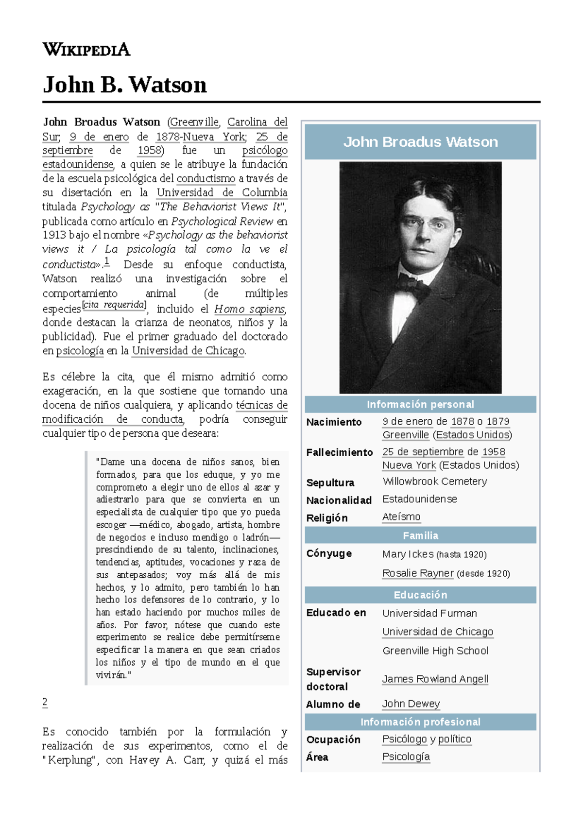 John B. Watson W - Psicología - John Broadus Watson Información ...