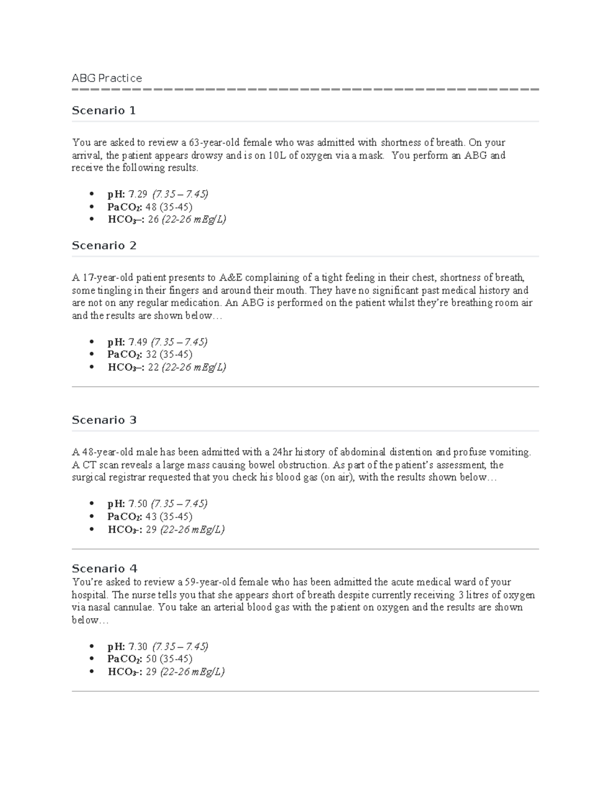 Extra ABG Practice Student - ABG Practice Scenario 1 You are asked to ...