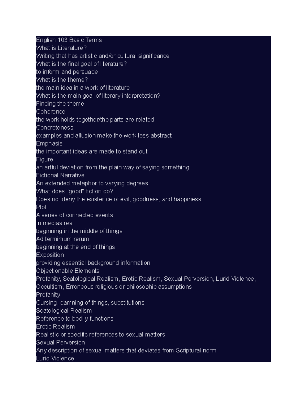 English 103 Basic Terms - English 103 Basic Terms What is Literature ...