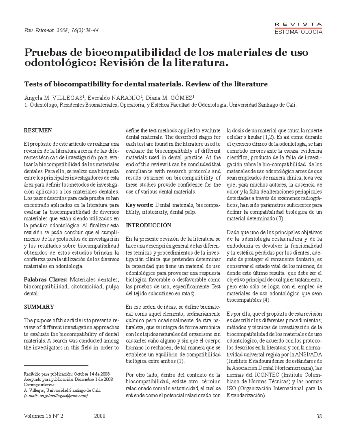 Biocompatibilidad resumen - Volumen 16 Nº 2 2008 R E V I S T A Rev ...